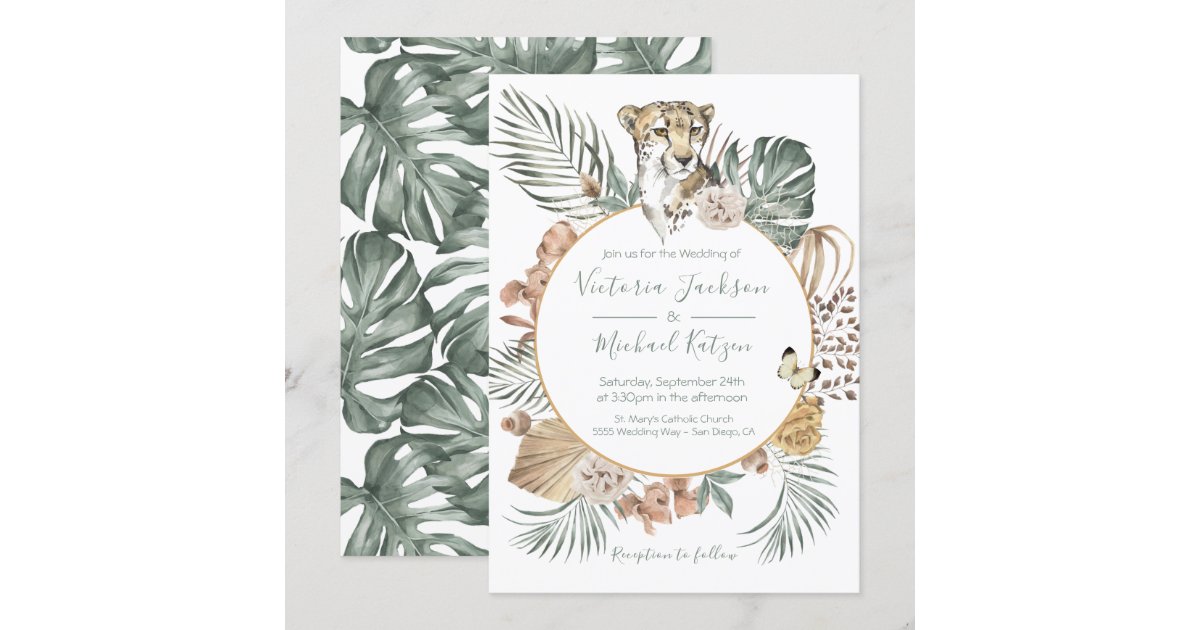 Tropical Jungle Cheetah Palm Wreath Wedding Invitation | Zazzle