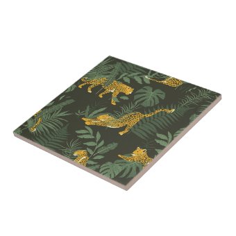 Tropical Jungle Pattern with Jaguar palm leaves Ceramic Tile | Zazzle