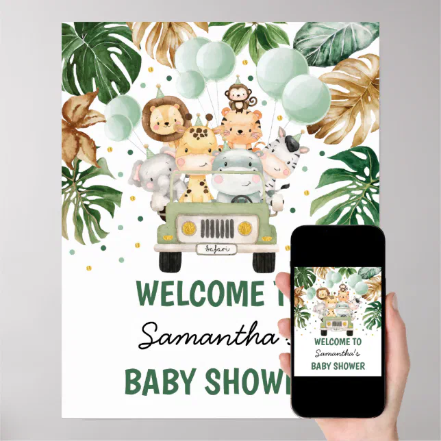 Tropical Jungle Safari Animals Greenery Welcome Poster | Zazzle