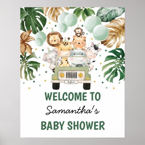 Tropical Jungle Safari Animals Greenery Welcome Poster | Zazzle