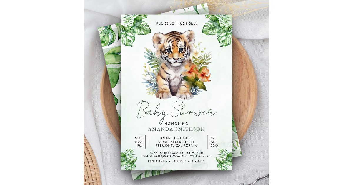 Tropical Jungle Safari Cute Tiger Girl Baby Shower Invitation | Zazzle