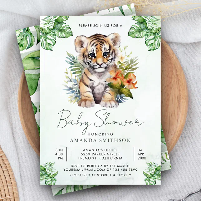 Tropical Jungle Safari Cute Tiger Girl Baby Shower Invitation | Zazzle