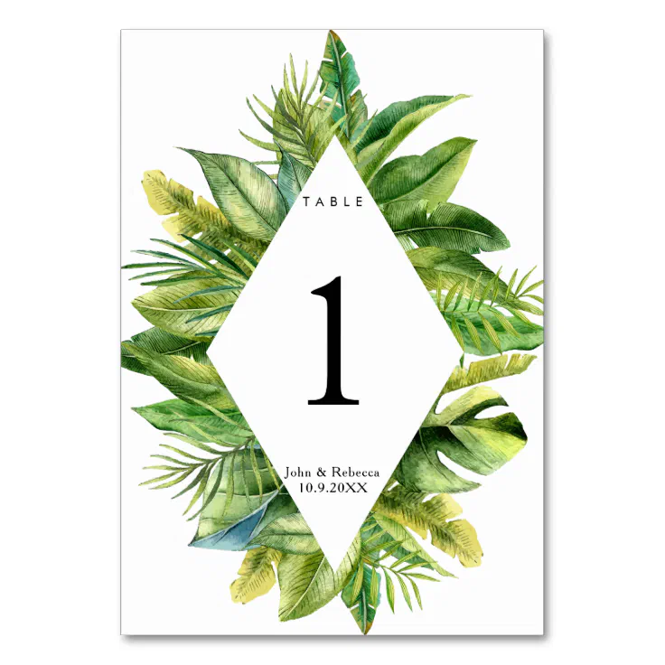 tropical jungle wedding table number card | Zazzle