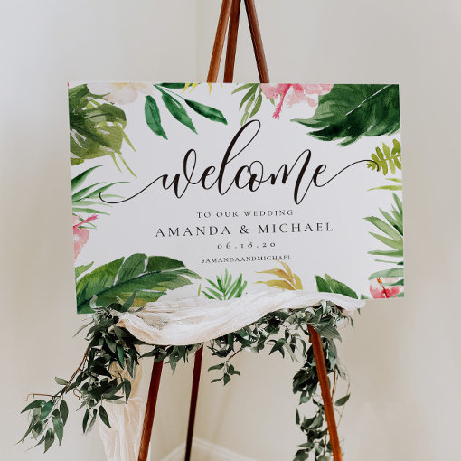 Tropical Leaf and Floral Welcome Wedding Sign | Zazzle