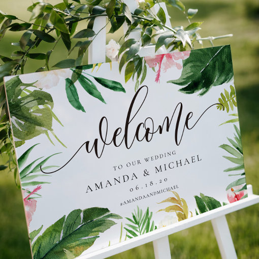 Tropical Leaf and Floral Welcome Wedding Sign | Zazzle