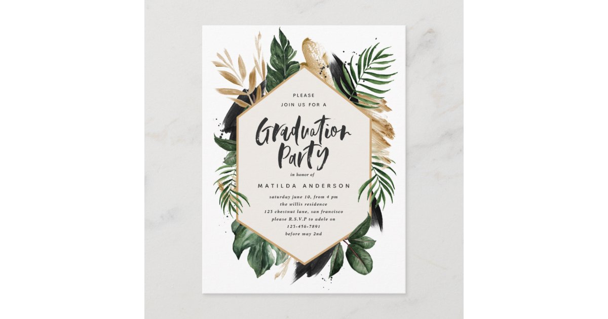 Tropical leaf graduation invitation postcard | Zazzle