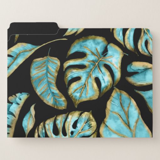 Tropical leaves blue gold green jungle theme file folder | Zazzle