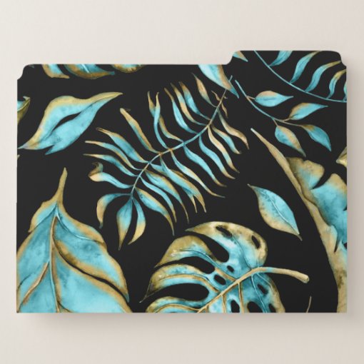 Tropical leaves blue gold green jungle theme file folder | Zazzle
