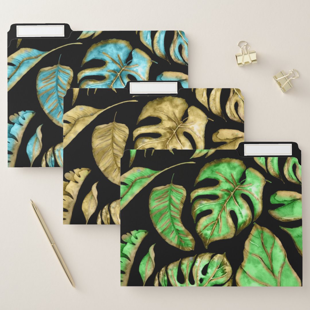 Tropical leaves blue gold green jungle theme file folder | Zazzle