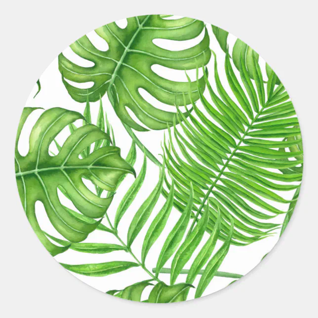 Tropical leaves classic round sticker | Zazzle