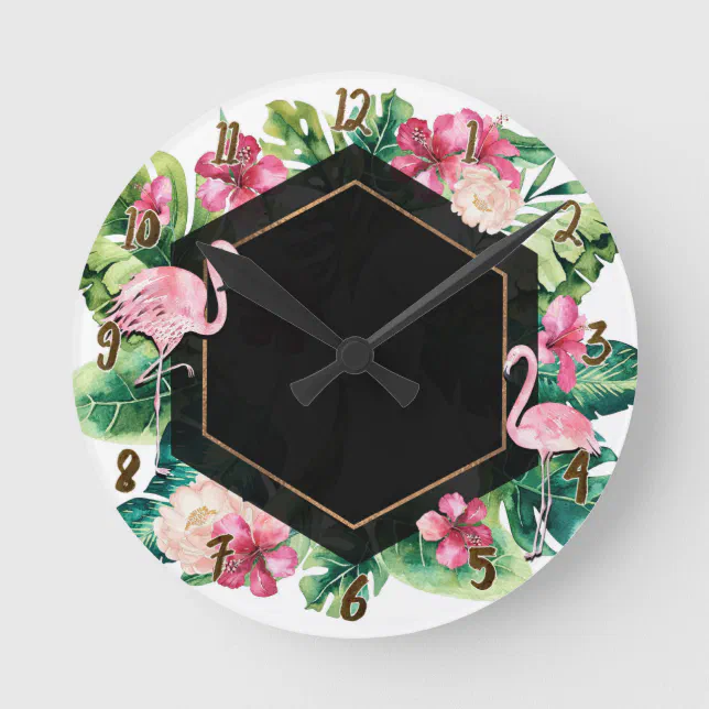 Tropical Leaves & Flamingos Black Gold Chic Round Clock | Zazzle