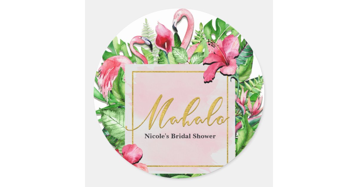 Tropical Leaves Flamingos Mahalo Thank You Party Classic Round Sticker ...