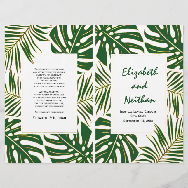 Tropical leaves green gold bi-fold wedding program | Zazzle