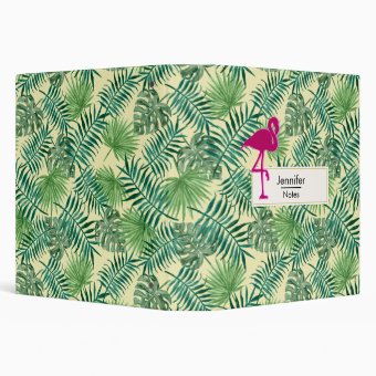 Tropical Leaves Pattern and Pink Flamingo 3 Ring Binder | Zazzle