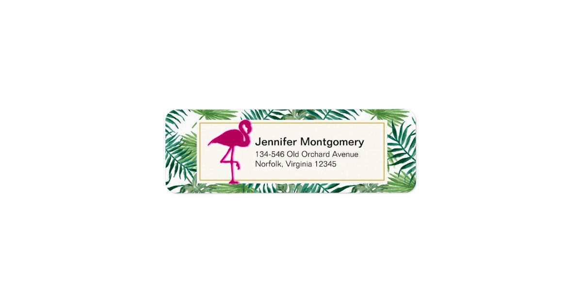Tropical Leaves Pattern and Pink Flamingo Label | Zazzle