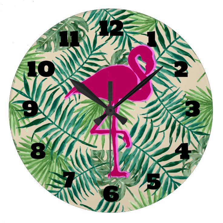 Tropical Leaves Pattern and Pink Flamingo Large Clock | Zazzle