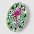 Tropical Leaves Pattern and Pink Flamingo Large Clock | Zazzle