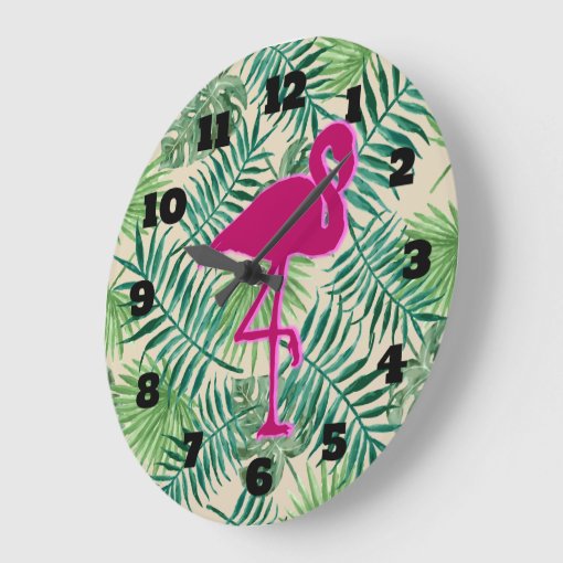 Tropical Leaves Pattern and Pink Flamingo Large Clock | Zazzle