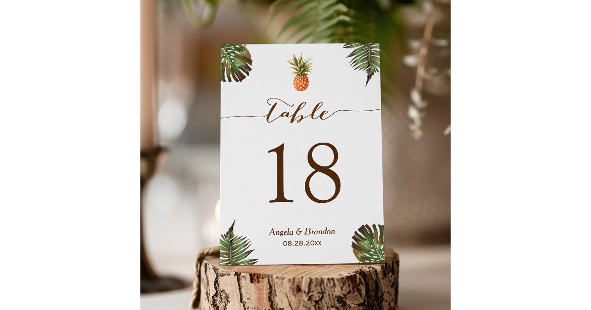 Tropical Leaves Pineapple Wedding Table Number | Zazzle