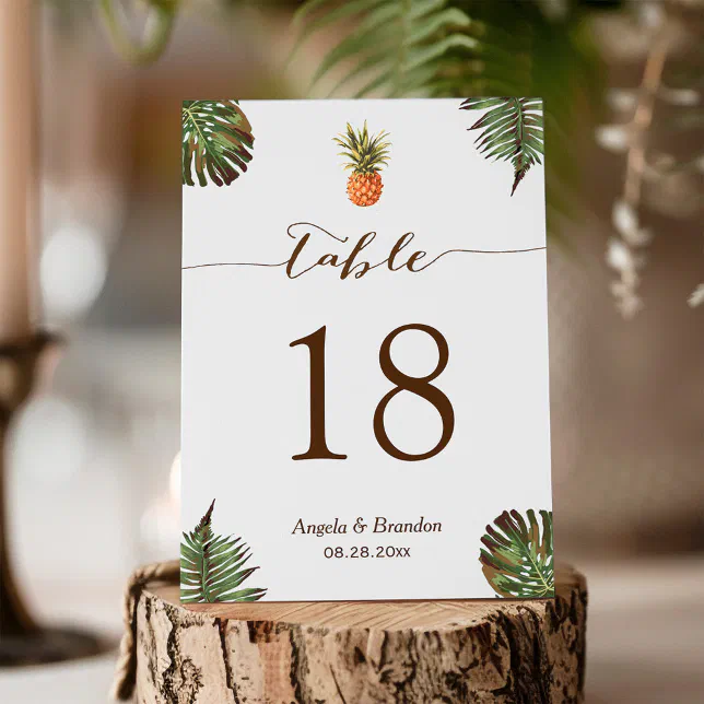 Tropical Leaves Pineapple Wedding Table Number | Zazzle