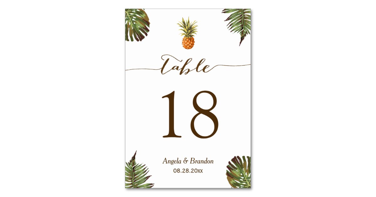 Tropical Leaves Pineapple Wedding Table Number | Zazzle