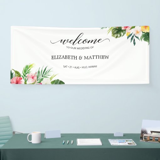 Tropical Leaves Script Wedding Welcome Banner | Zazzle