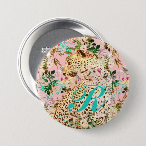 Tropical leopard print floral Hawaiian Button | Zazzle