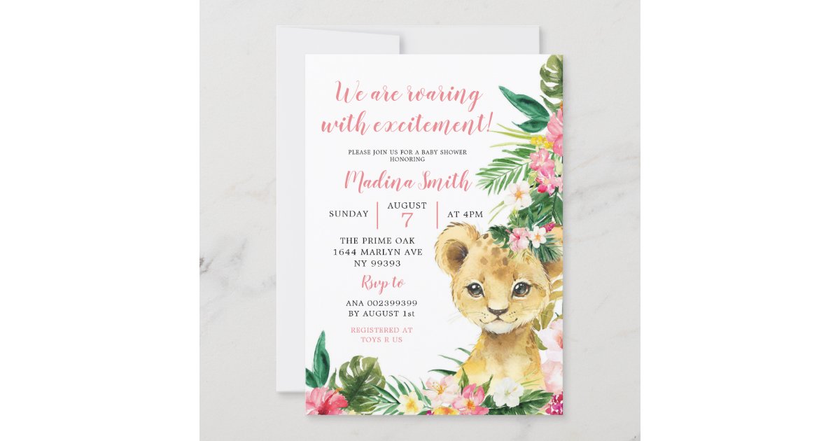 Tropical Lion Cub Girl Baby Shower Invitation | Zazzle