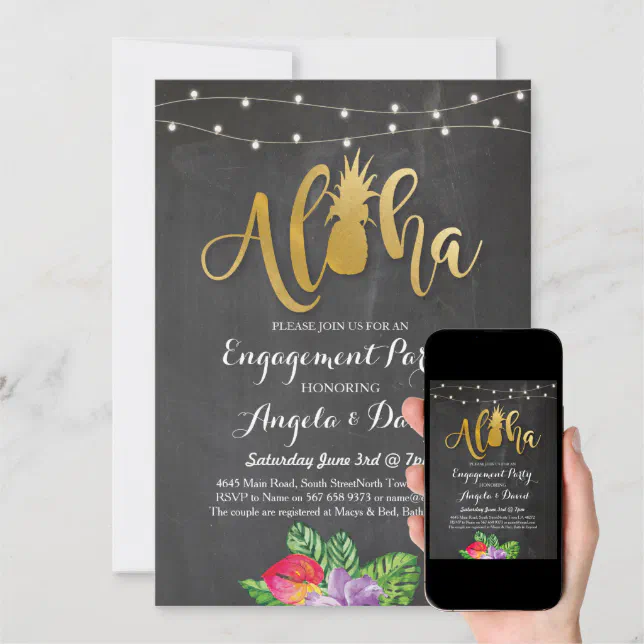 Tropical Luau Aloha Gold Floral Engagement Invite | Zazzle