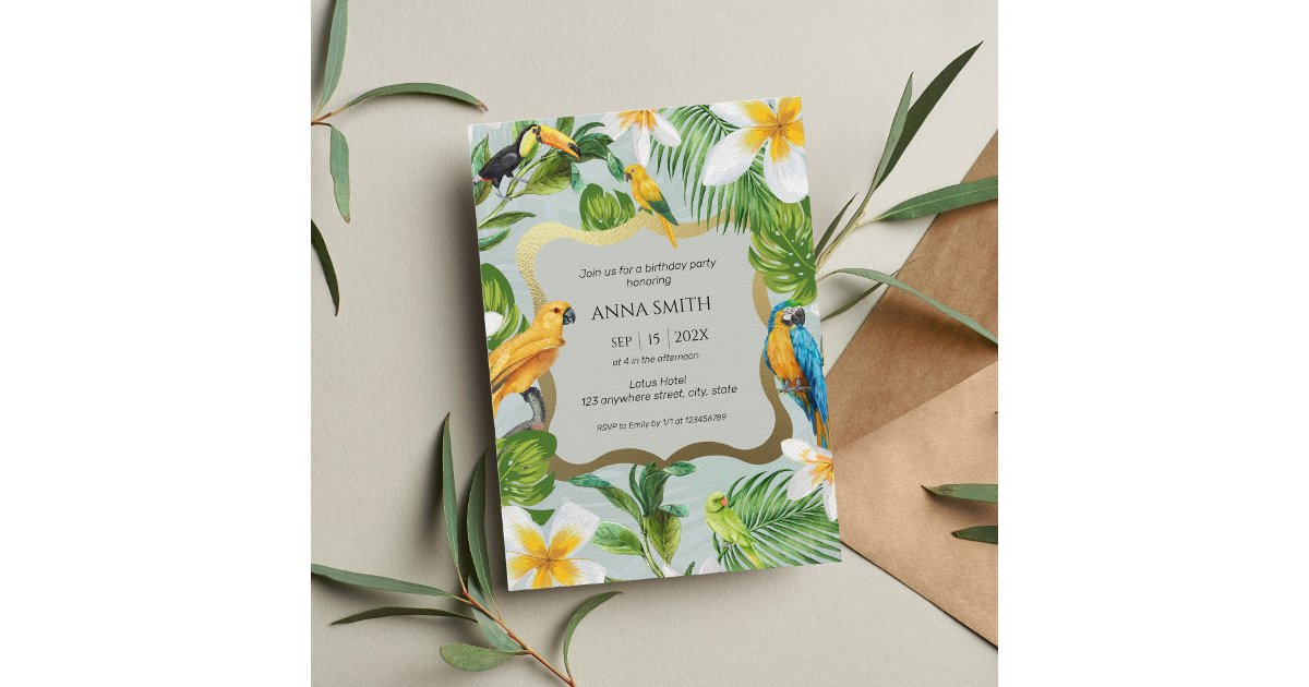 Tropical Luau Parrots Plumeria Birthday Party Invitation | Zazzle