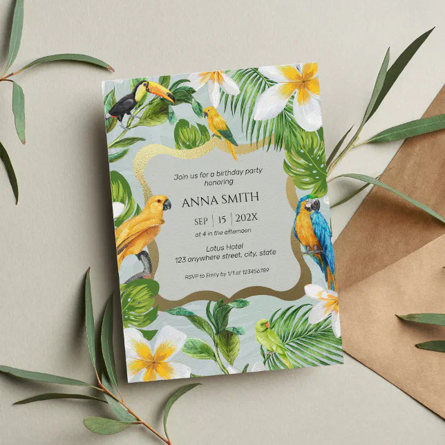 Tropical Luau Parrots Plumeria Birthday Party Invitation | Zazzle