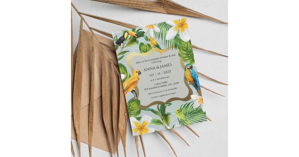 Tropical Luau Parrots Plumeria Couples Shower Invitation | Zazzle