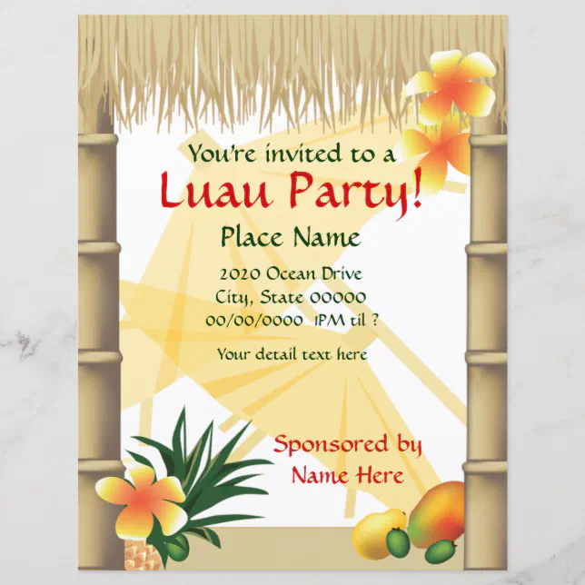 Tropical Luau Party Tiki Hut Event Flyer | Zazzle