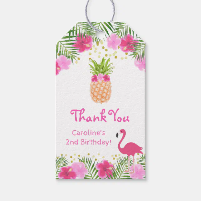 Tropical Luau Pineapple Flamingo Birthday Gift Tags | Zazzle