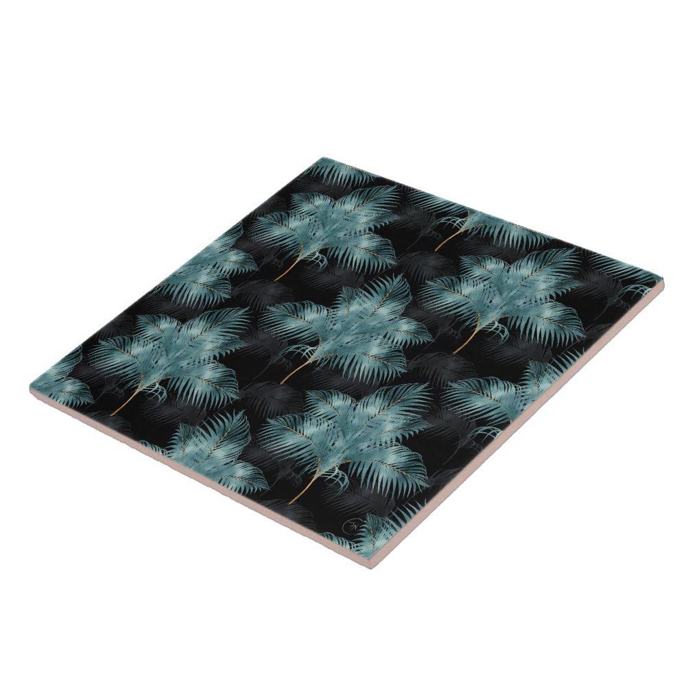 Tropical Metallic Blue & Gold Palm Leaves Summer Ceramic Photos Tile ...