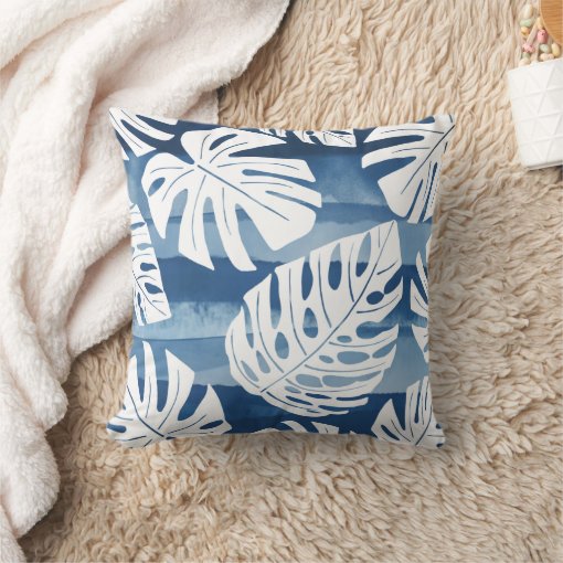 Tropical Modern Blue White Palm Leaves Throw Pillow | Zazzle