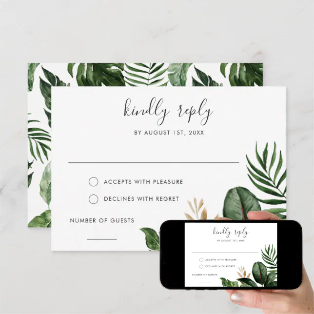Tropical Modern Palm Rubber Tree Gold Leaf RSVP Invitation | Zazzle