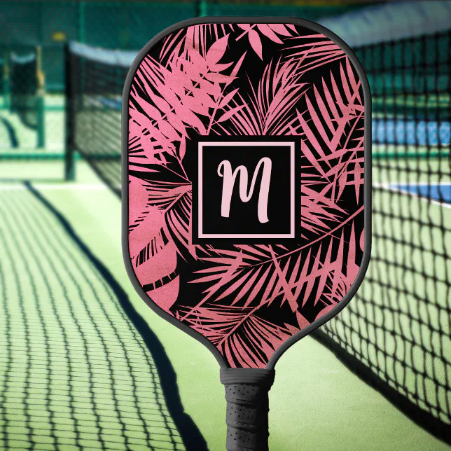 Tropical Monogram Rose Pink Palm Leaf Bold Modern Pickleball Paddle ...