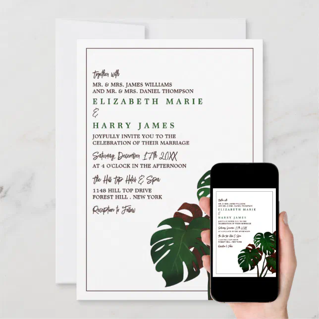 Tropical Monstera Beach Wedding Invitation | Zazzle