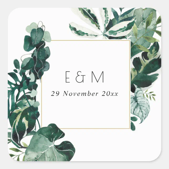 Tropical Monstera Green Foliage Monogram Wedding Square Sticker | Zazzle