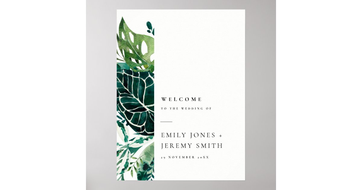 Tropical Monstera Green Foliage Wedding Welcome Poster | Zazzle