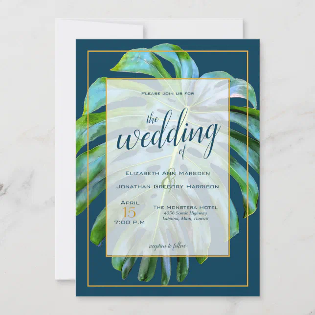 Tropical Monstera Leaf Dark Blue Gold Wedding Invitation | Zazzle
