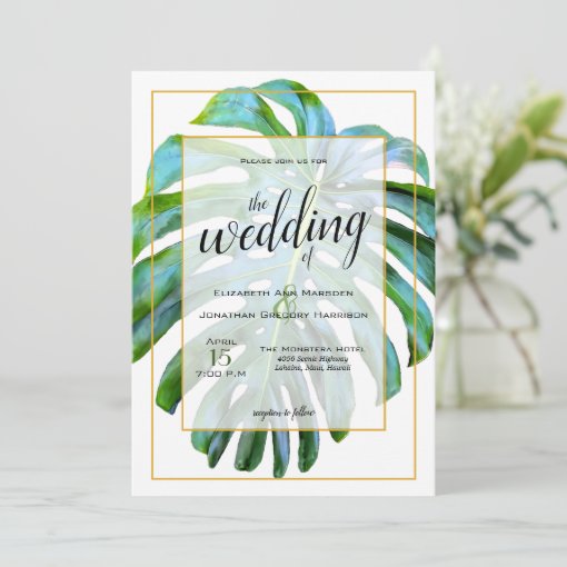 Tropical Monstera Leaf Photograph Gold Wedding Invitation | Zazzle