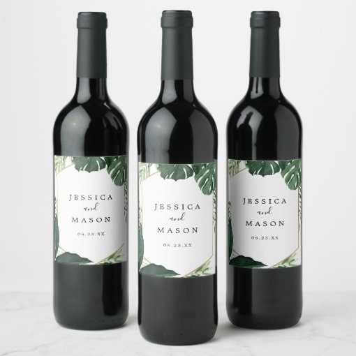 Tropical Monstera Wedding Wine Labels | Zazzle