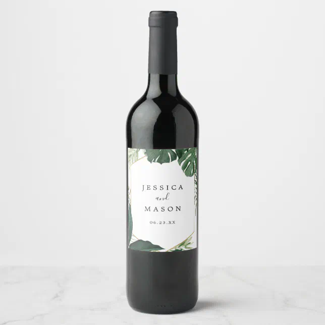 Tropical Monstera Wedding Wine Labels | Zazzle