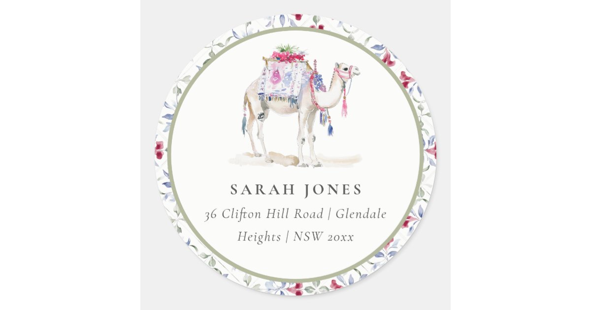 Tropical Moroccan Watercolor Camel Address Classic Round Sticker | Zazzle