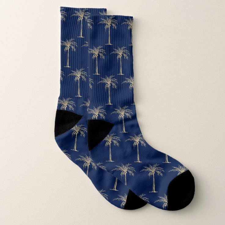 Tropical Navy Blue Gold Palm Tree Pattern Socks | Zazzle