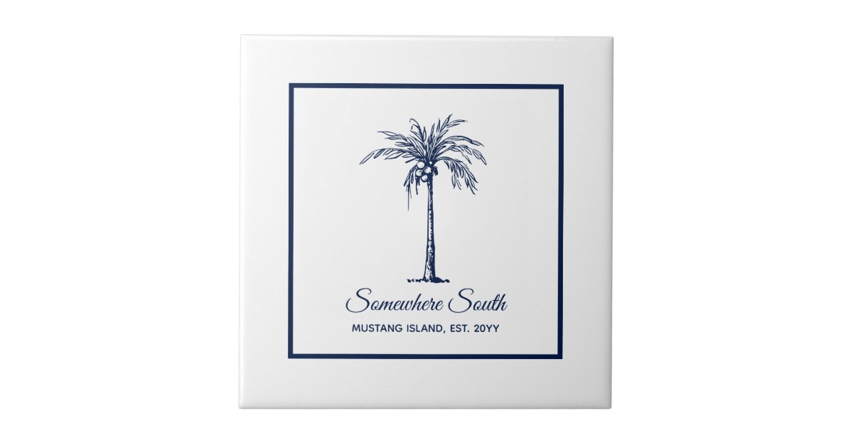 Tropical Navy Blue White Palm Tree Custom Ceramic Tile | Zazzle