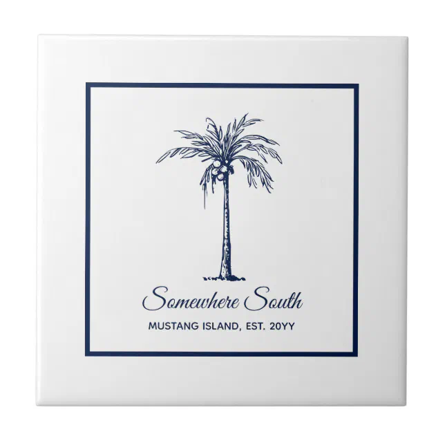 Tropical Navy Blue White Palm Tree Custom Ceramic Tile | Zazzle