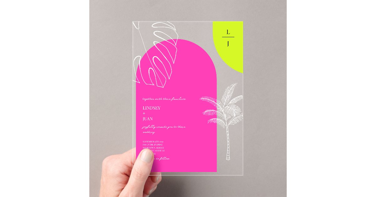 Tropical Neon Monogram Arches Wedding Acrylic Invitations | Zazzle